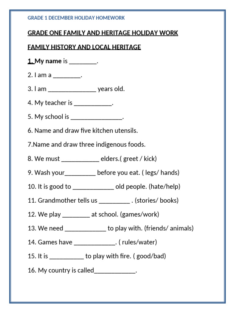 Grade 1 December Holiday Homework | PDF