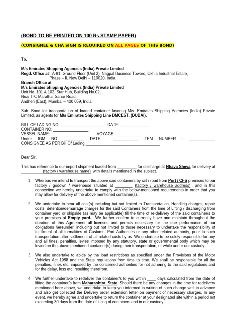 Factory Bond Format For Single Shipment | PDF | Indemnity | Business Law