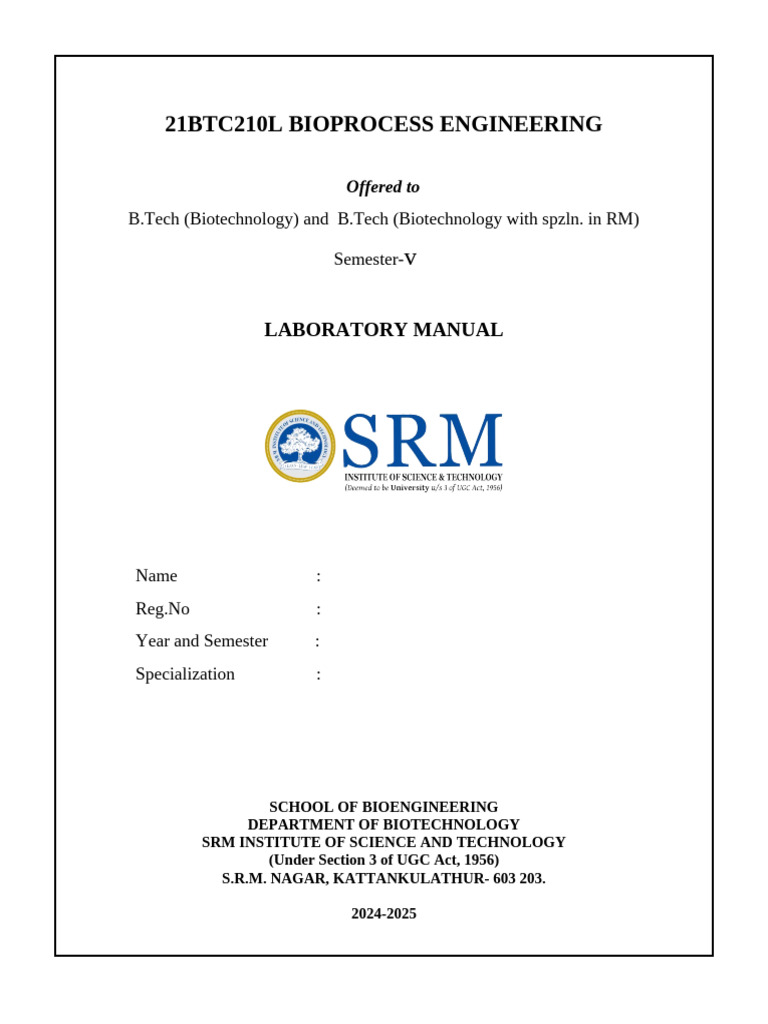 21BTB210L Bioprocess Engineering Lab Manual 2024-2025 Even Sem | PDF ...