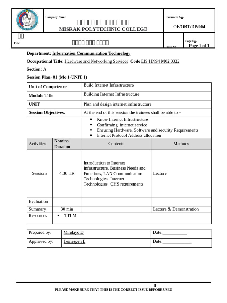 Of Obt DP 004 Session Plan Template | PDF | Internet | Computer Network