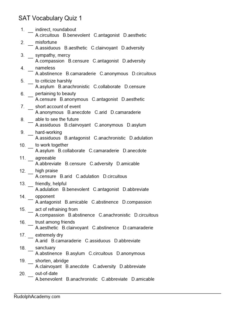 SAT Vocabulary Quiz 1 | PDF