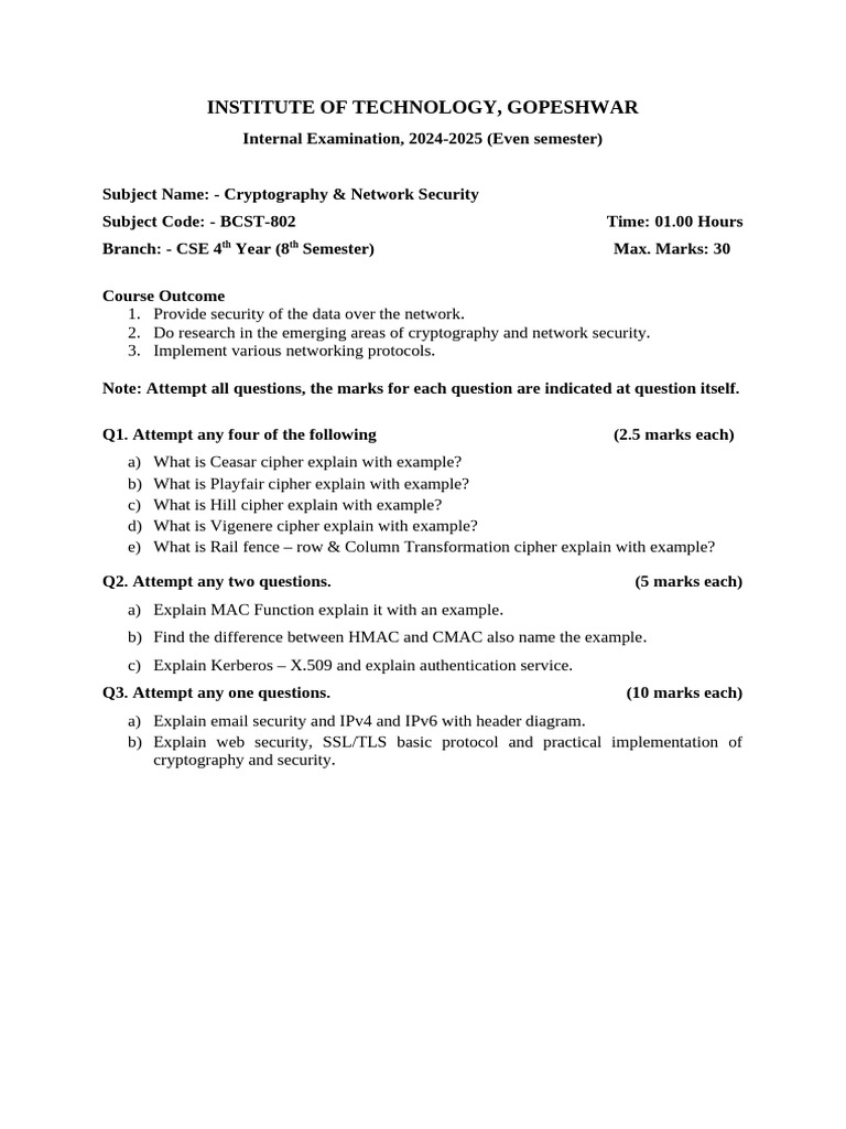 Cryptography and Network Security CSE 4th Year 2nd CT | PDF