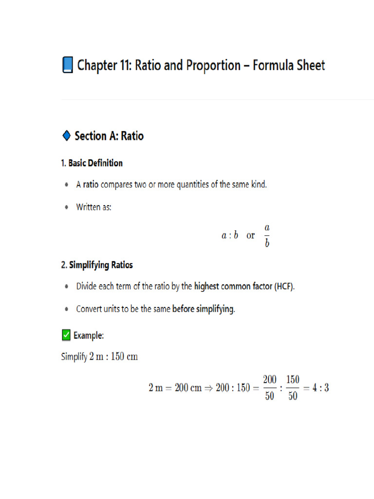 Formula Sheet For Ratio and Proportion | PDF