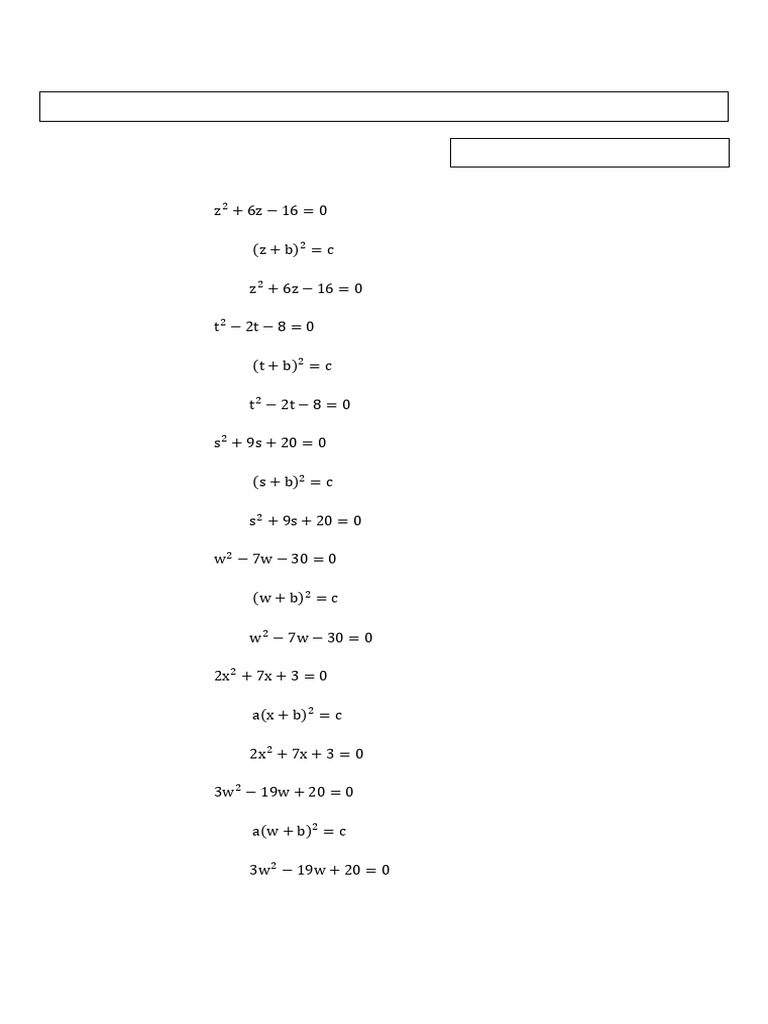 Quadratic Equations - Completing The Square | PDF | Algebra | Mathematics