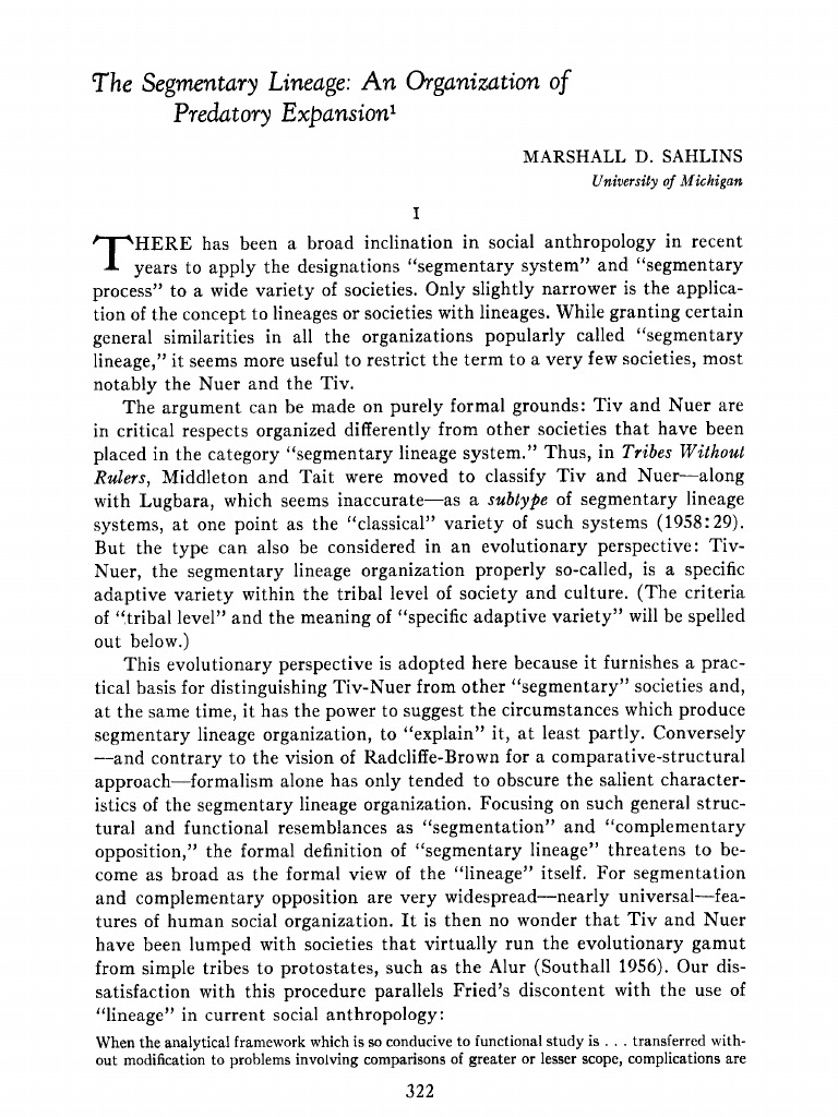 Marshall SAHLINS - The Segmentary Lineage | PDF | Tribe | Kinship