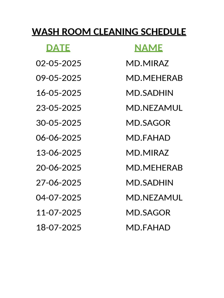 Wash Room Cleaning Schedule | PDF