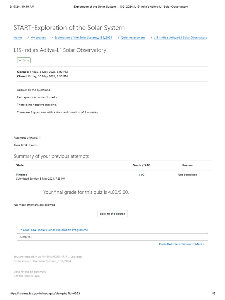 Exploration of The Solar System - 139 - 2024 - L15 - Ndia's Aditya-L1 Solar Observatory | PDF