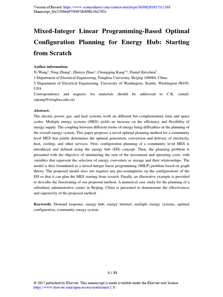 Mixed-Integer Linear Programming-Based Optimal Configuration Planning For Energy Hub: Starting ...