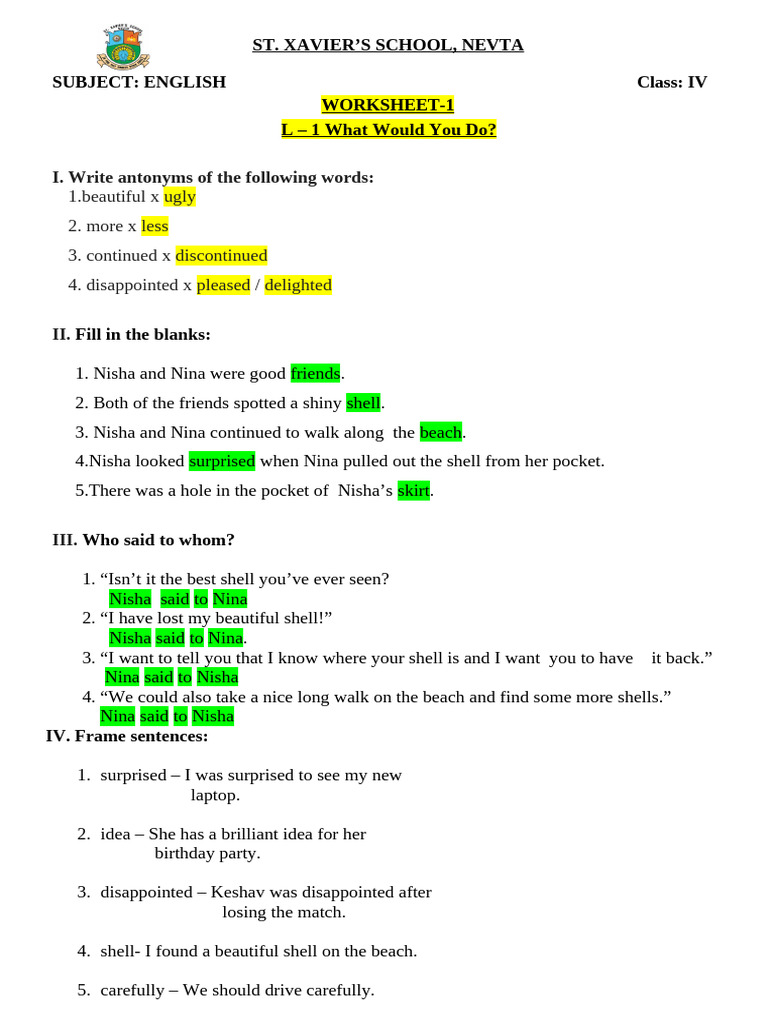 English Worksheet - 1 (L - 1, Gra. - Articles) Class 4 (2024 - 25) | PDF