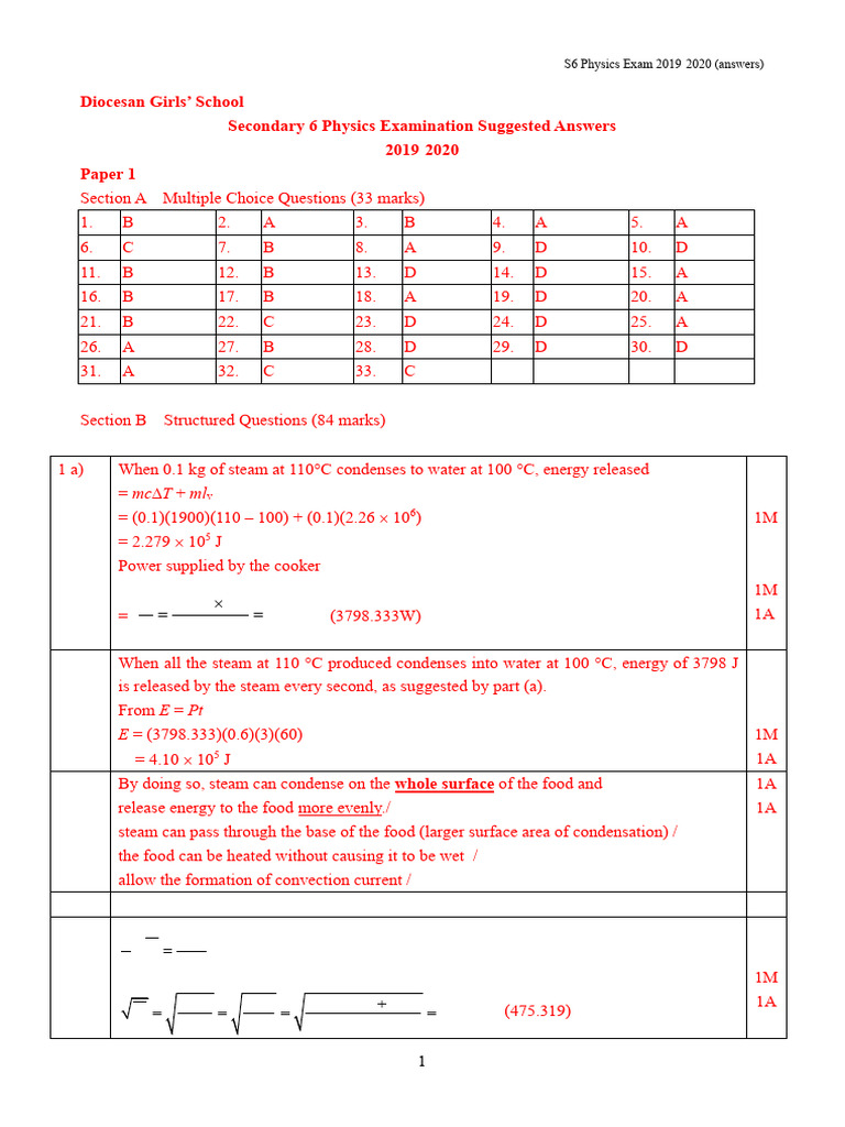 Phy - DGS - S6 - 1920 - Mock Exam - Ans | PDF | Physical Sciences | Physical Phenomena