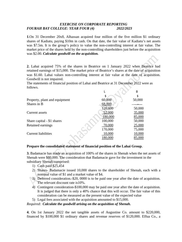 Exercise On Corporate Reporting FBC | PDF | Balance Sheet | Goodwill ...