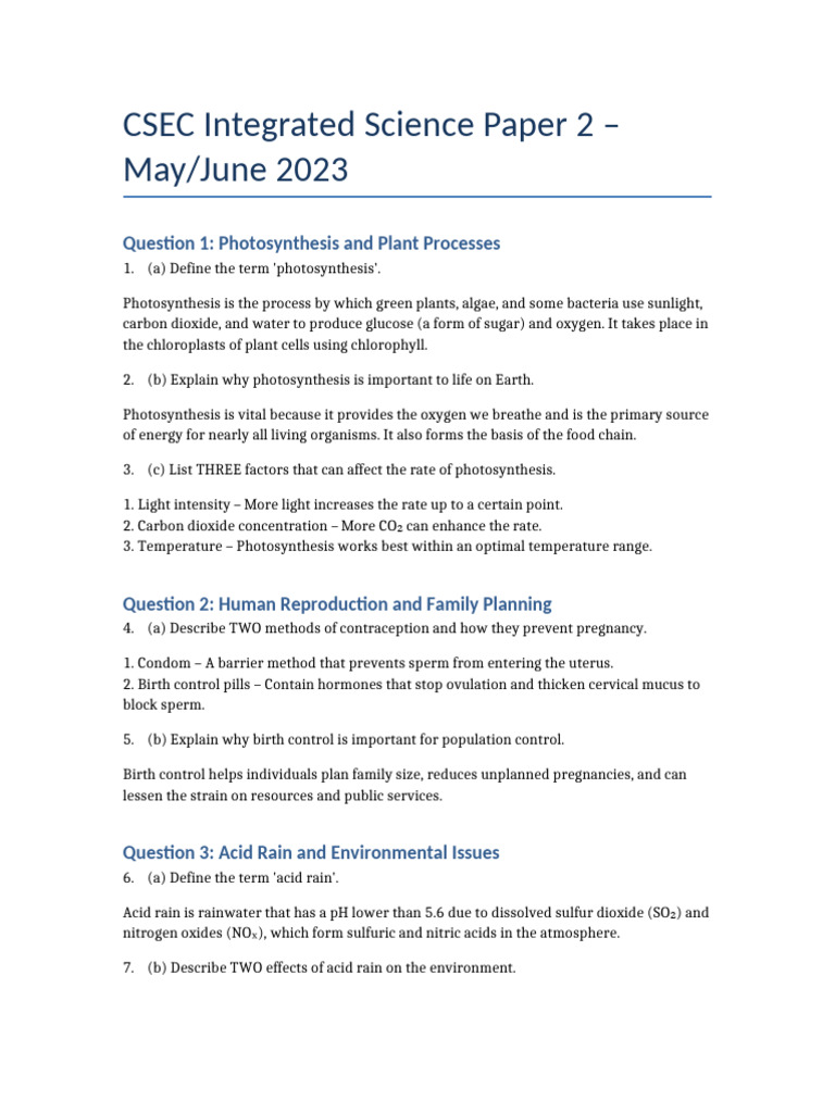 CSEC Integrated Science 2023 Paper2 QA | PDF | Photosynthesis | Birth ...