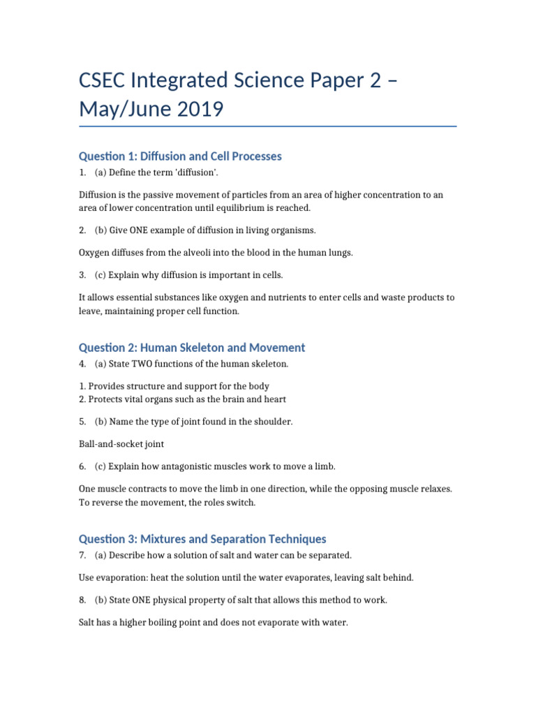 CSEC Integrated Science 2019 Paper2 QA | PDF | Diffusion | Blood