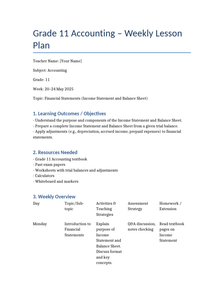 Grade 11 Accounting Weekly Lesson Plan | PDF | Worksheet | Lesson Plan