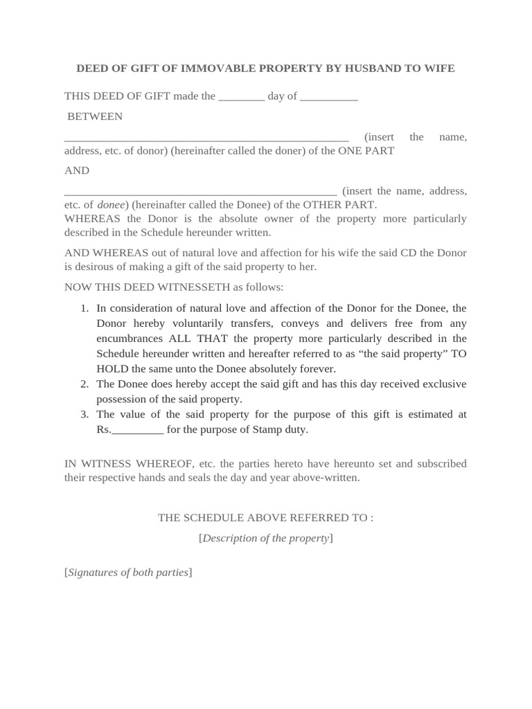 Gift Deed of Gift of Immovable Property by Husband To Wife | PDF