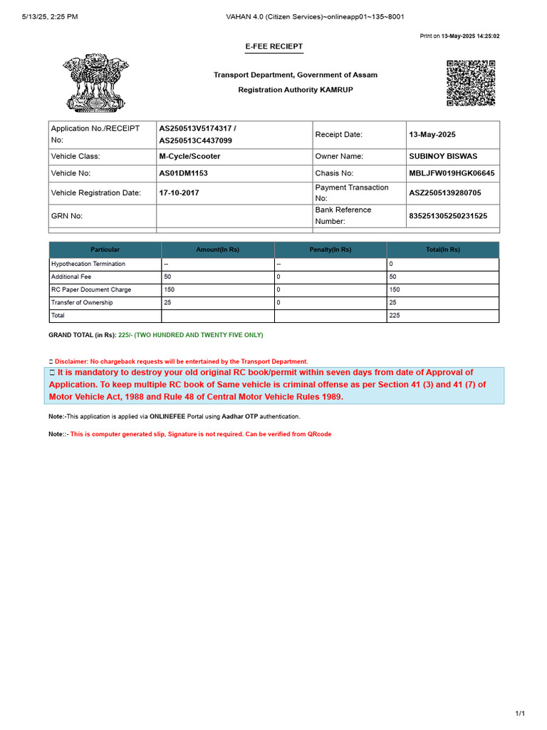 Vahan 4.0 Citizen Services Receipt | PDF | Receipt