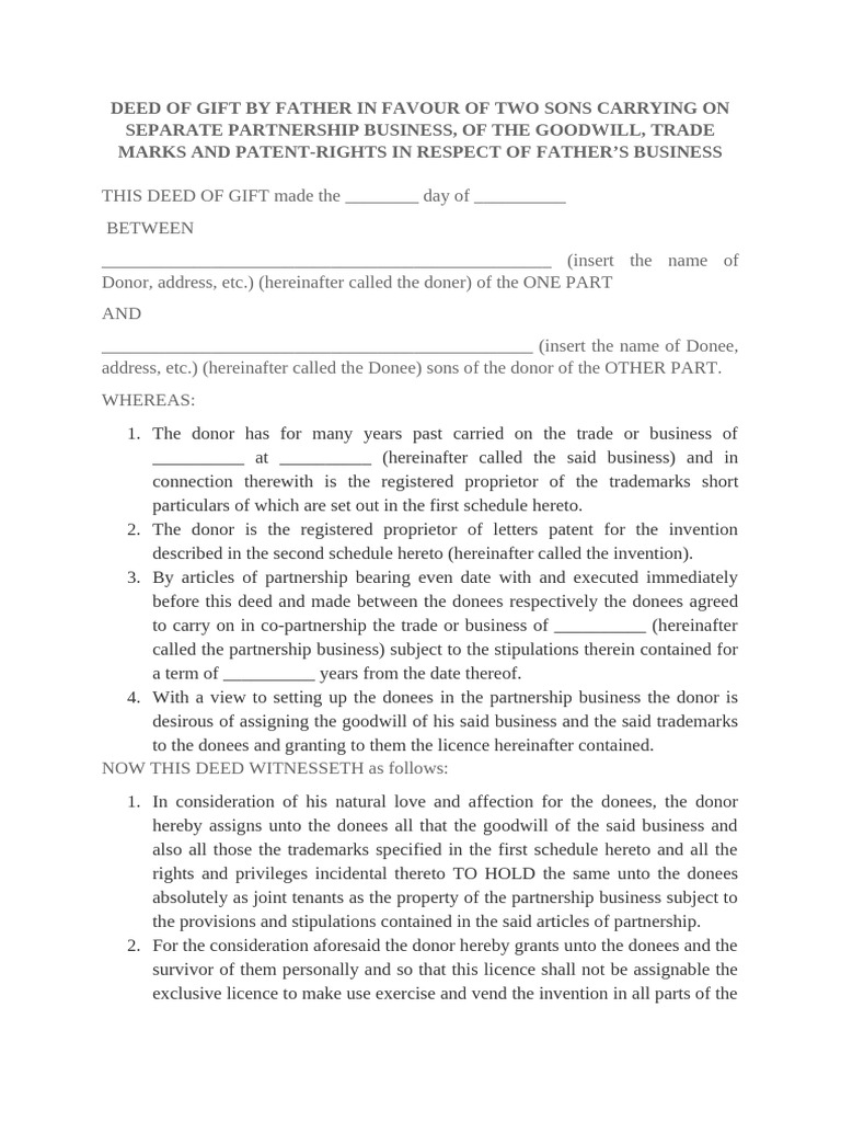 Gift Deed of Gift by Father in Favour of Two Sons Carrying On Separate ...