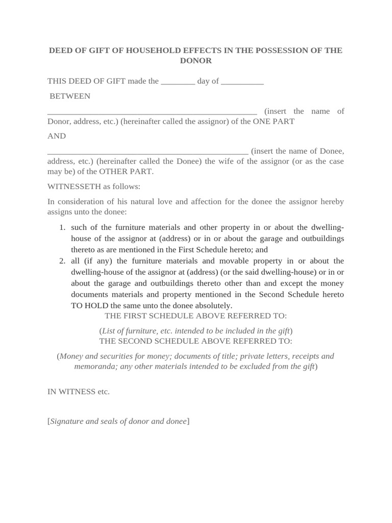Gift Deed of Gift of Household Effects in The Possession of The Donor | PDF
