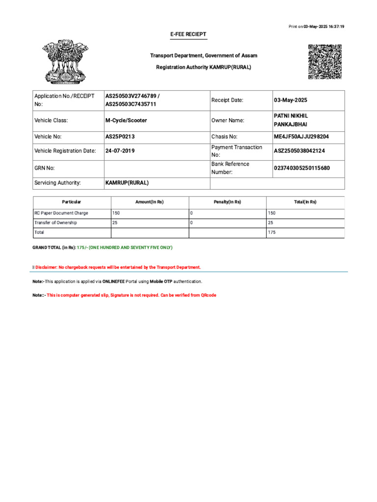 Vahan 4.0 E-Fee Receipt for Assam | PDF | Receipt | Applications Of ...