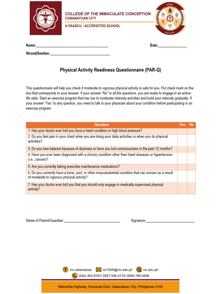 Physical Activity Readiness Questionnaire | PDF