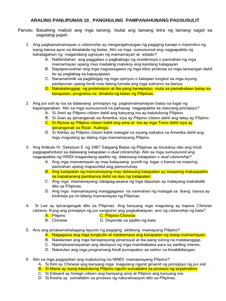 Ap10 Q4 TQ - Quiz-No-Answer | PDF