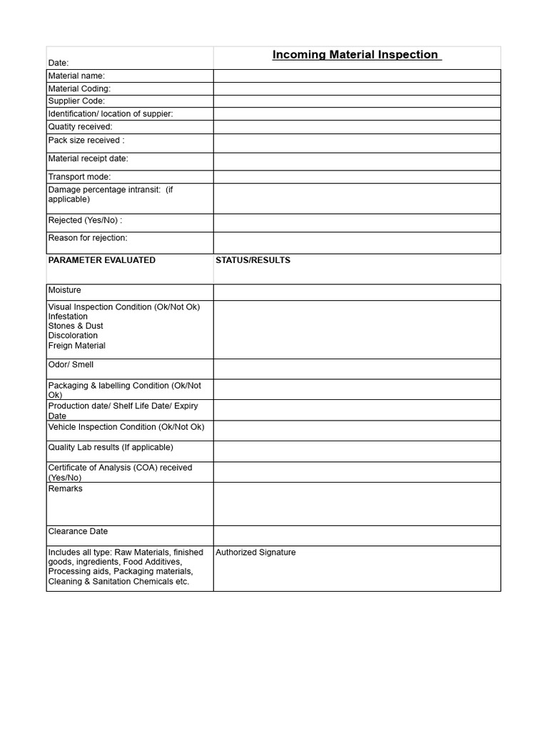 Incoming Material Inspection Format | PDF