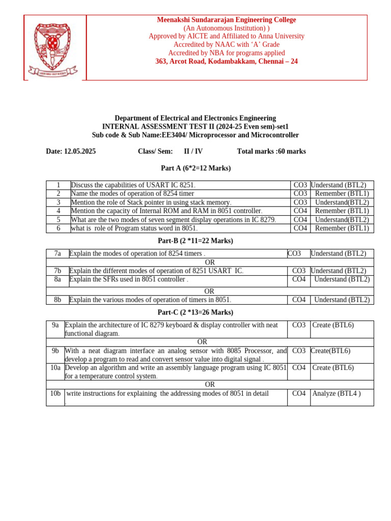 Ee3404 MPMC Iat-2 Set 1 | PDF | Microcontroller | Digital Electronics