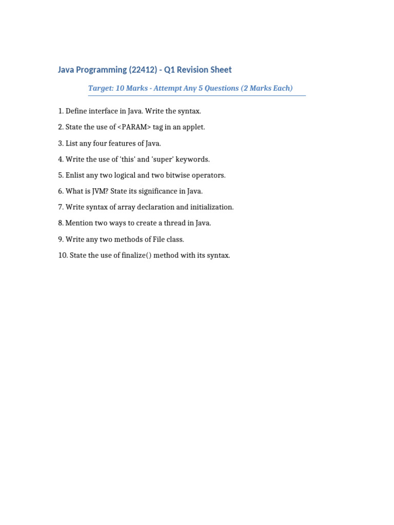 Java Q1 Revision Sheet | PDF