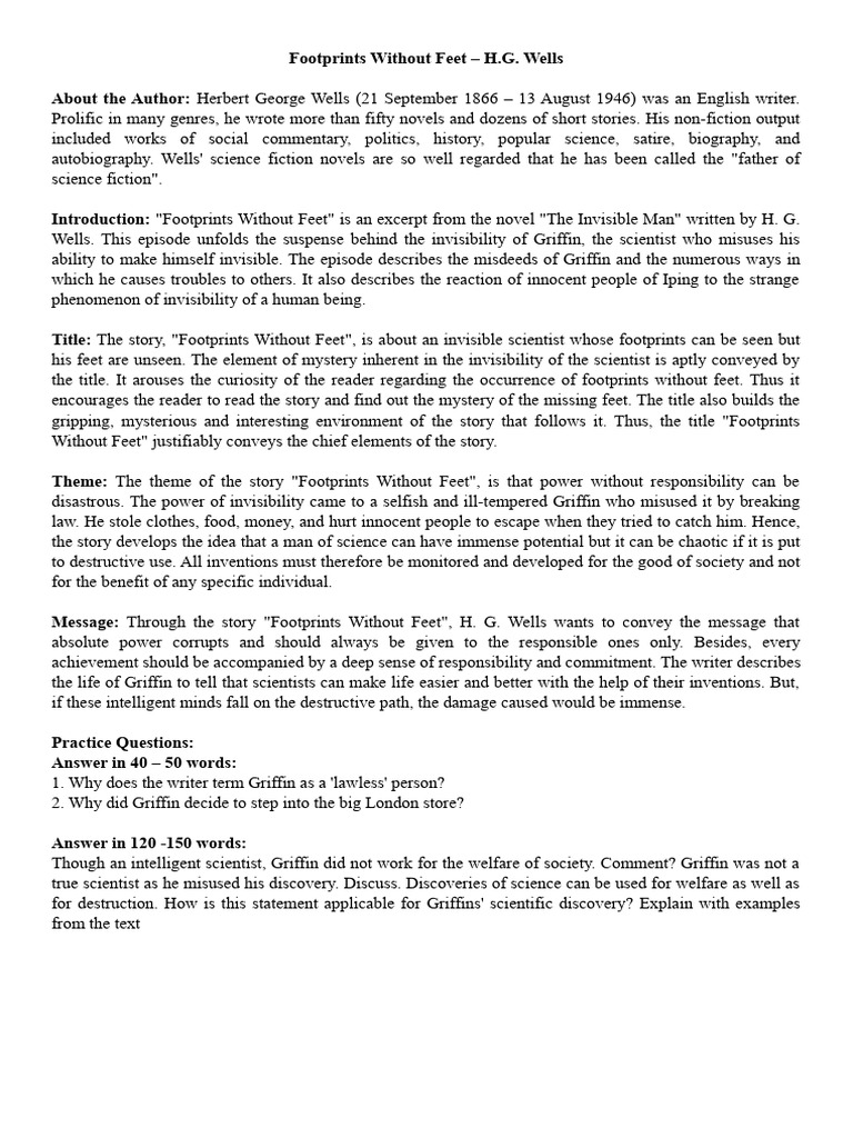 Notes Footprints Without Feet Notes and PQ | PDF | H. G. Wells