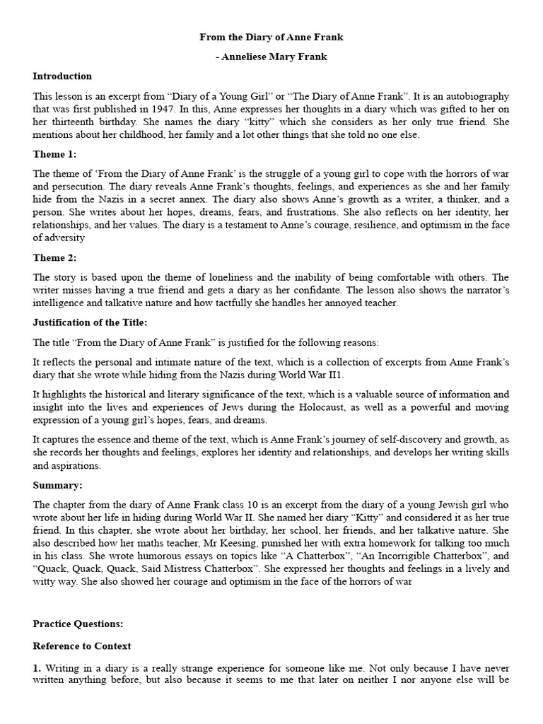 Notes From The Diary of Anne Frank Notes and Practice Questions | PDF ...