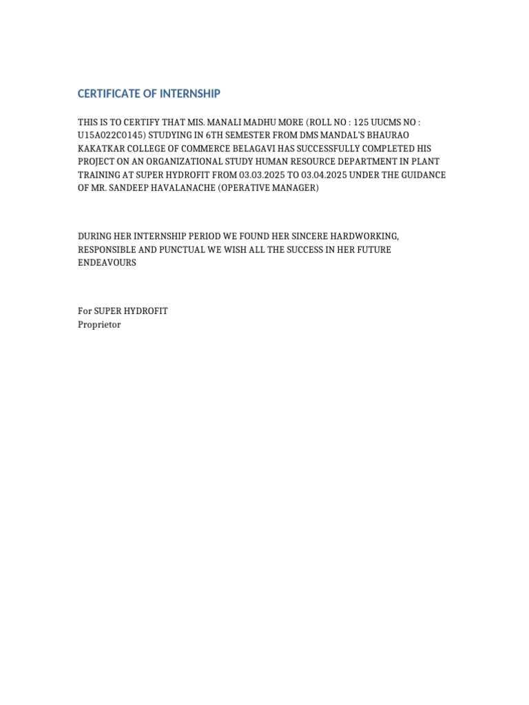 Internship Certificate Manali | PDF