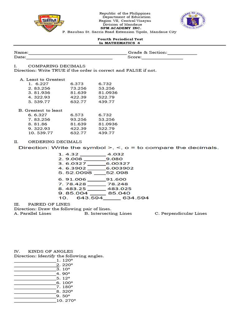 Mathematics 4 Fourth Periodical Test | PDF