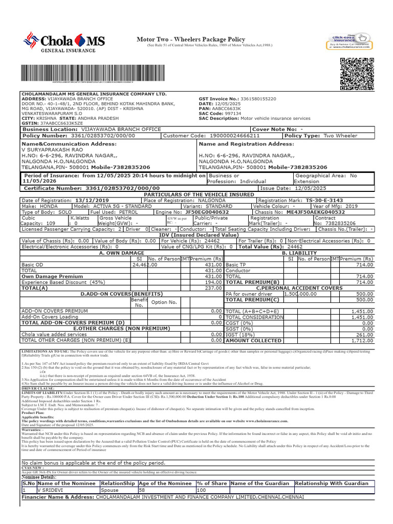 Policy Schedule Certificate Motor | PDF | Insurance | Deductible