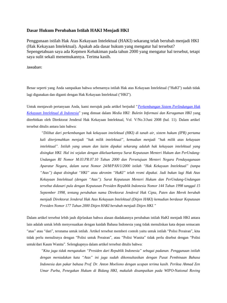 Dasar Hukum Perubahan Istilah HAKI Menjadi HKI | PDF