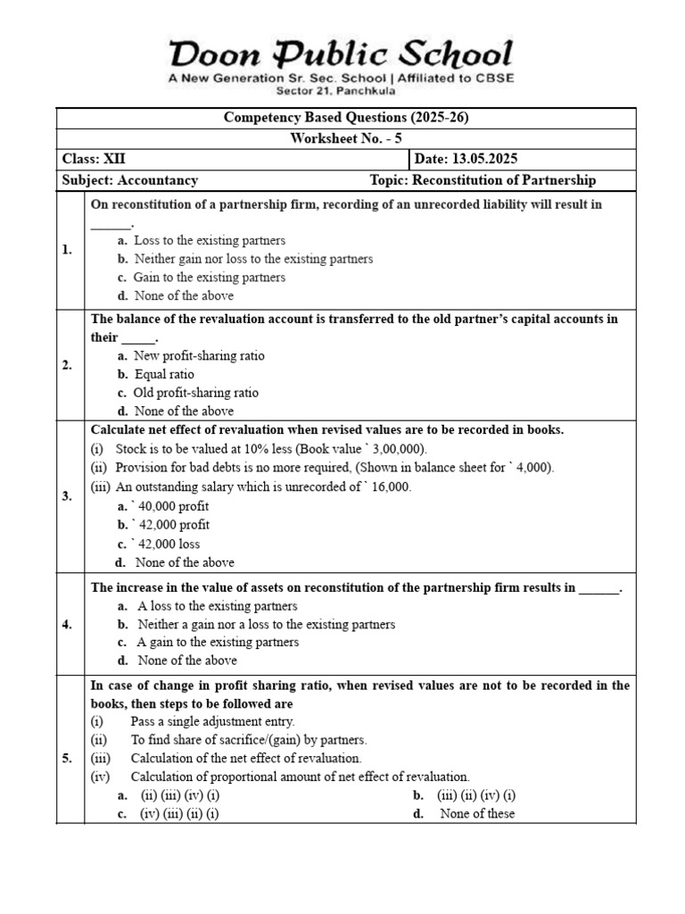 Accountancy - Class XII - Worksheet 5 | PDF