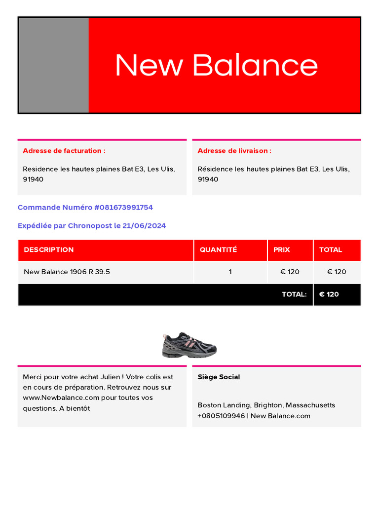 Facture New Balance 1906 R #081673991754 | PDF