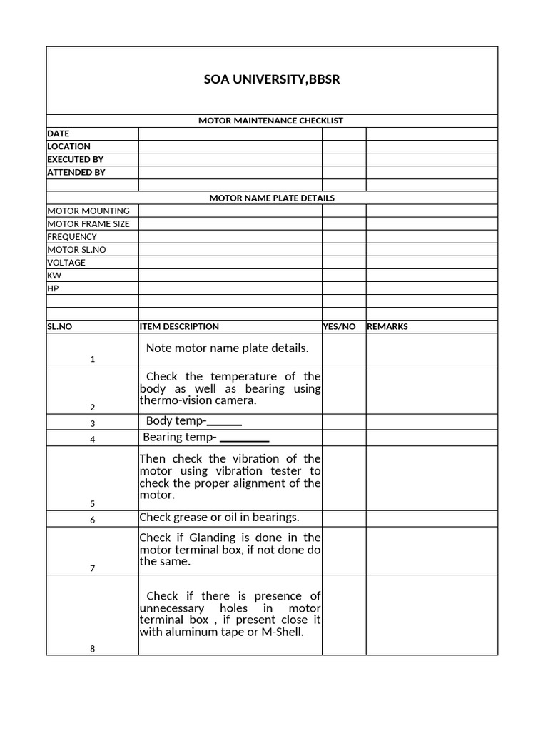 Motor Checklist | PDF
