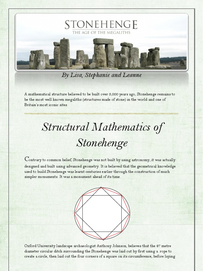 Structural Mathematics of Stonehenge: by Lisa, Stephanie and Leanne | PDF | Stonehenge | Nature