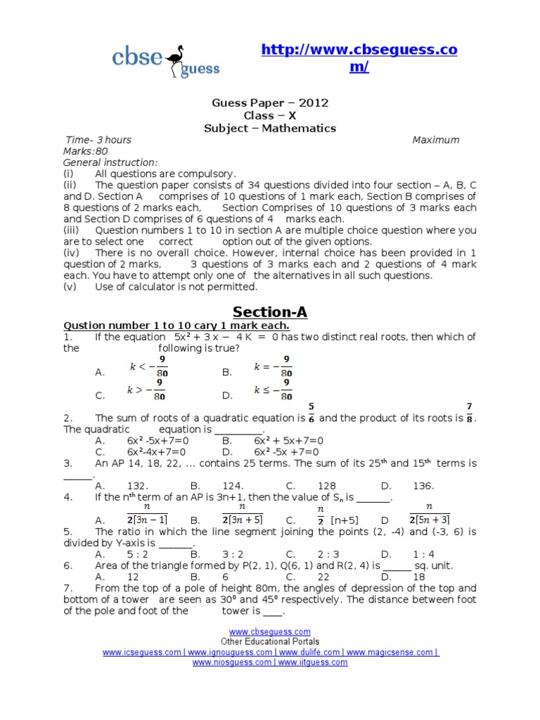 Model Question Paper (Math X) Final | PDF | Circle | Triangle