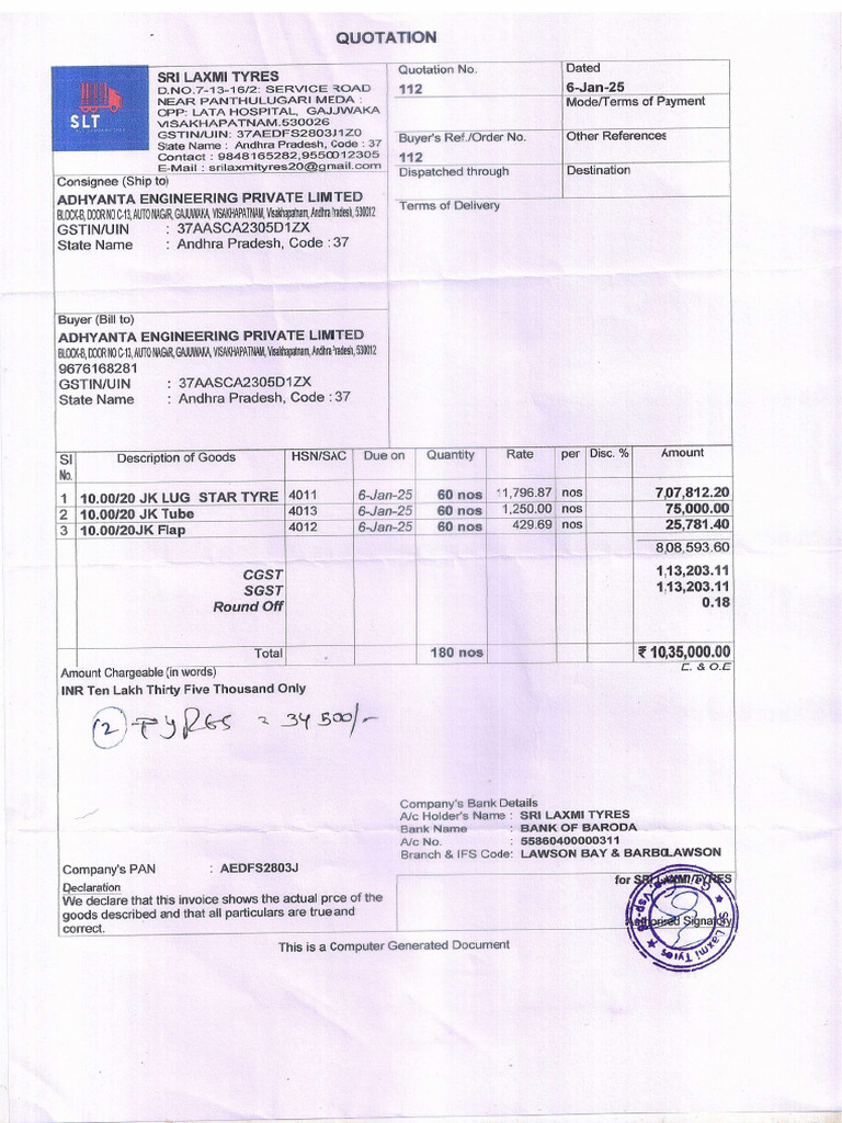 JK Tyres Quotation 1 | PDF