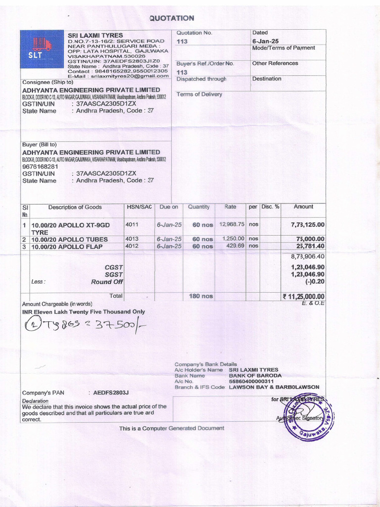 Apollo Tyres Quotation 2 | PDF