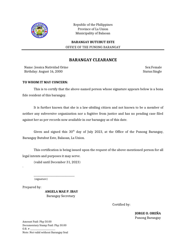 Barangay Clearance | PDF