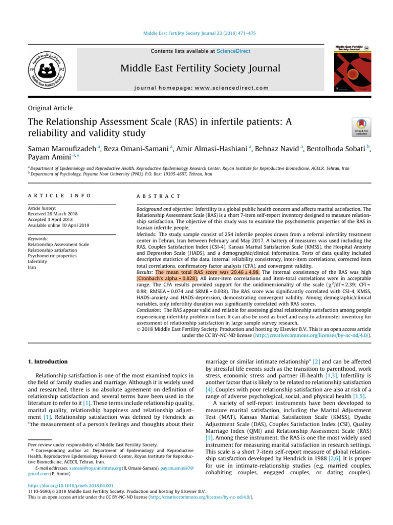The Relationship Assessment Scale (RAS) in Infertile Patients; A ...