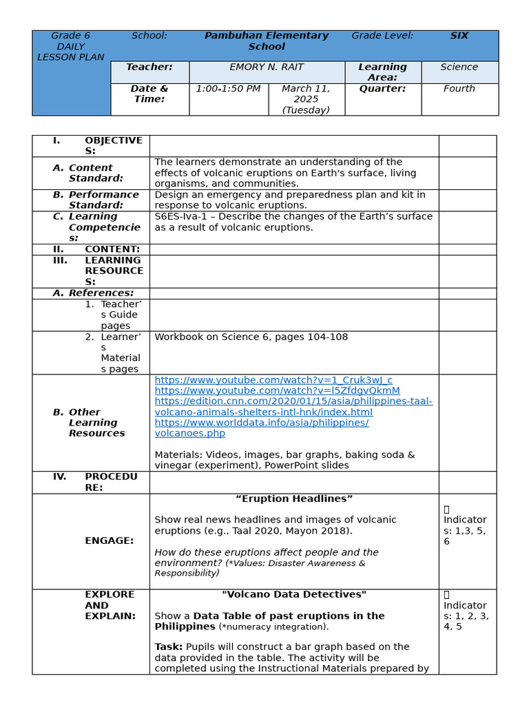 Grade 6 DAILY LESSON PLAN COT SCIENCE | PDF | Learning | Volcano