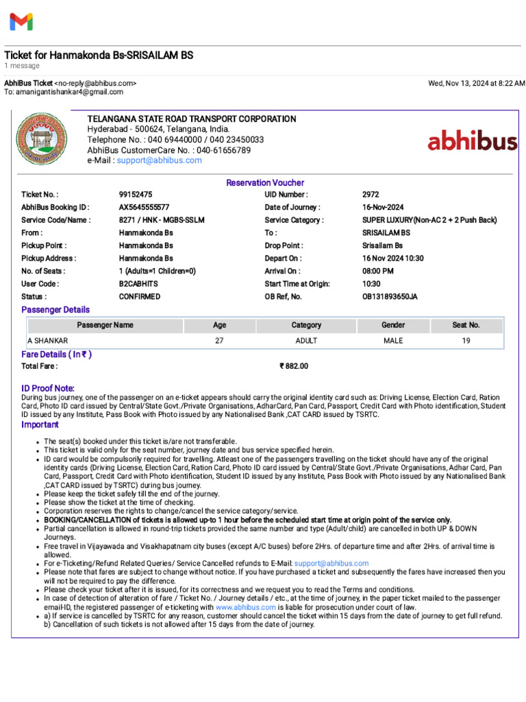 Gmail - Ticket For Hanmakonda Bs-SRISAILAM BS | PDF | Identity Document | Access Control