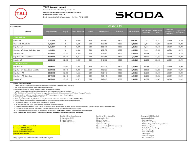 Kylaq Price List - 01052025 | PDF | Payments | Car