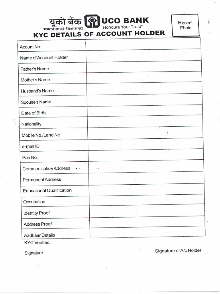 Uco Bank Kyc Form | PDF