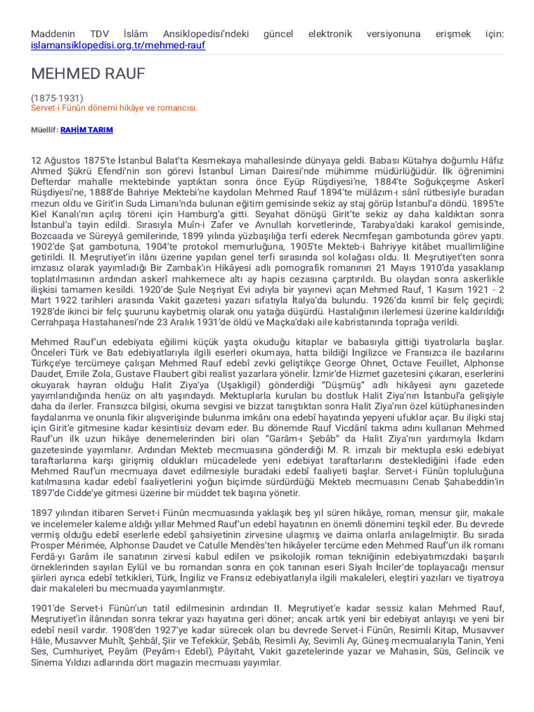 MEHMED RAUF - TDV İslâm Ansiklopedisi | PDF