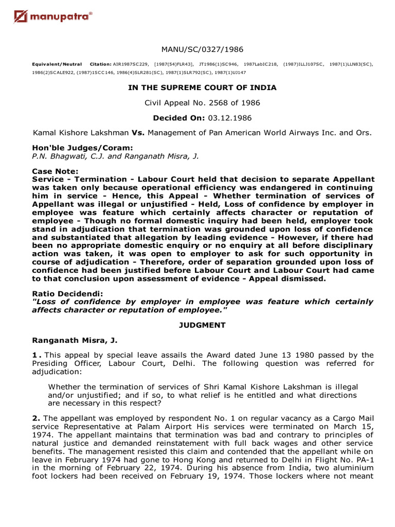 Kamal Kishore Lakshman Vs Management of Pan Americs860327COM35725 | PDF ...