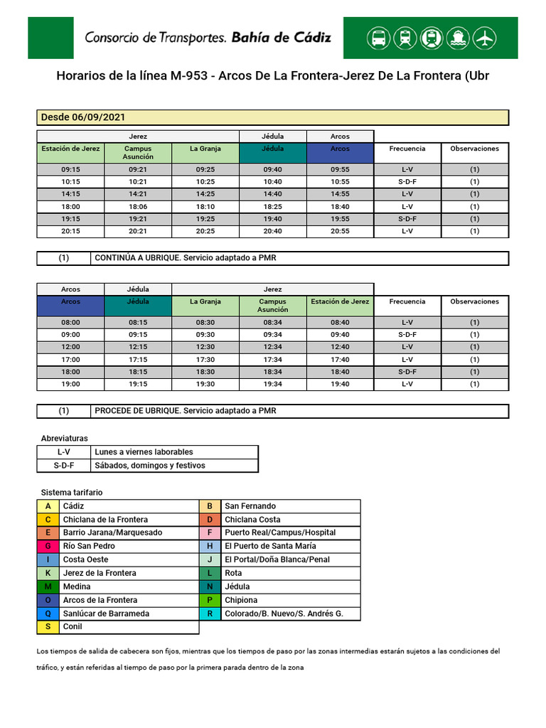Horarios Autobuses Jerez-Arcos M-953 | PDF
